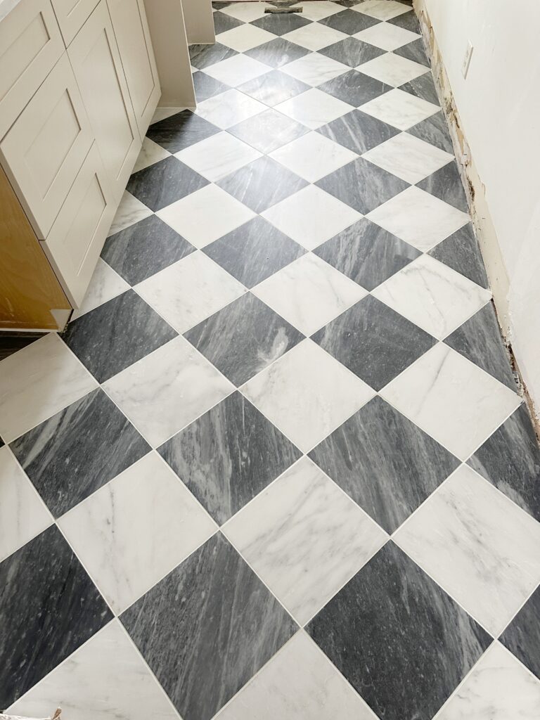 Coastal Laundry Room Makeover with Checkerboard Marble Tile - The ...